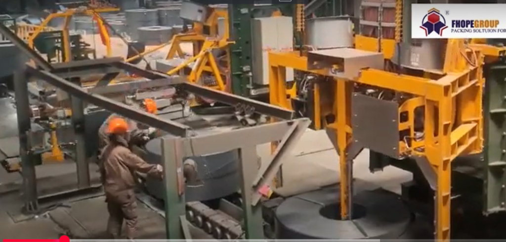 Automatic hot steel coil roll circumferential strapping machine